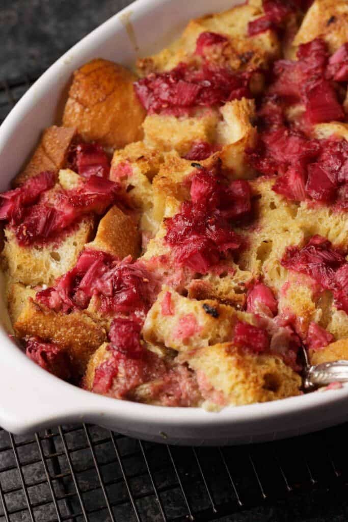 Rhubarb Custard Bread Pudding with Raspberries - Easy Southern Desserts